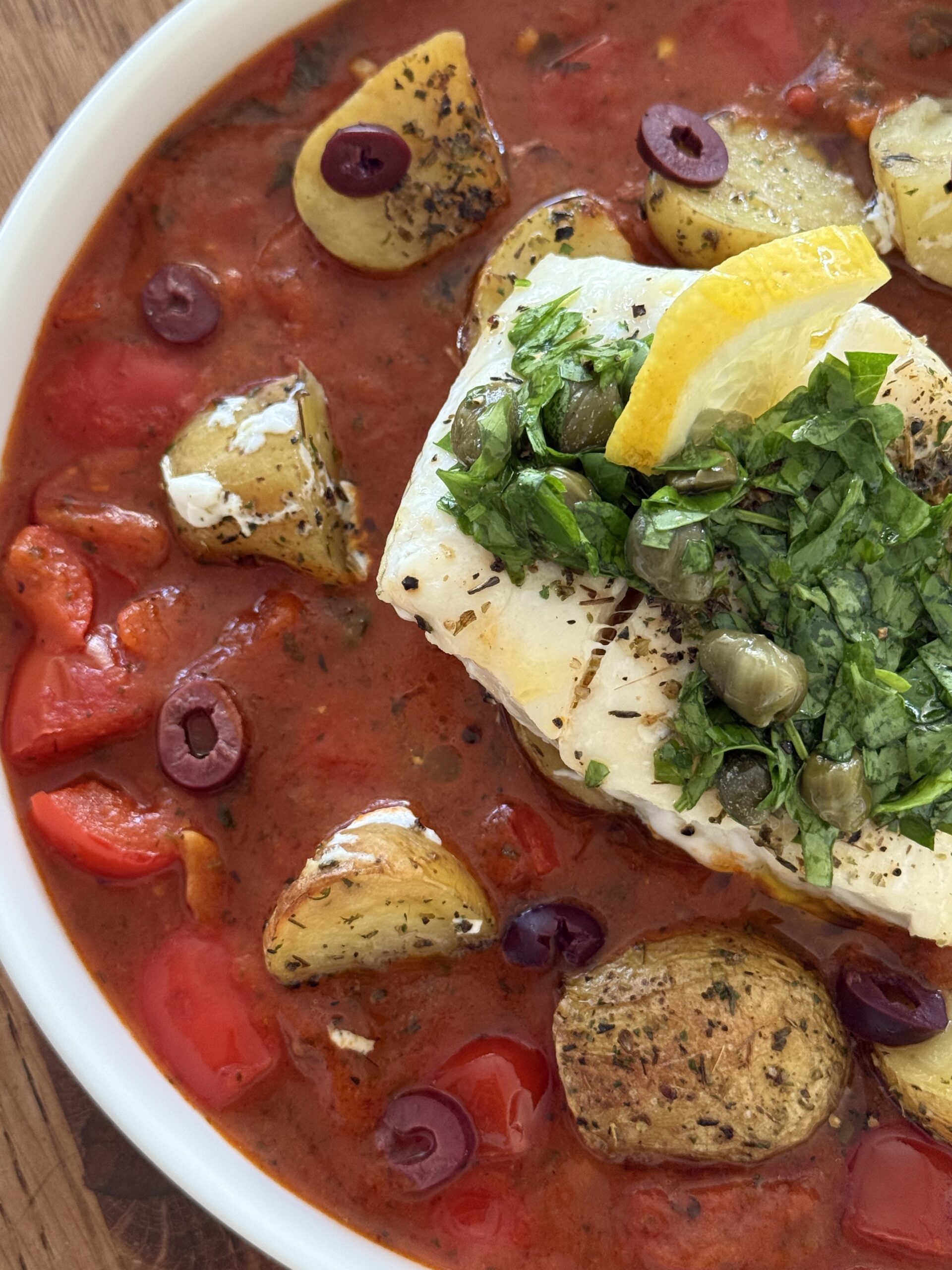 Easy Mediterranean-style Cod with Caper Dressing & Roasties - HEY LOLLY