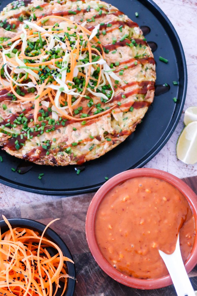 Okonomiyaki Pancakes with Gochujang Peanut Dipping Sauce - HEY LOLLY